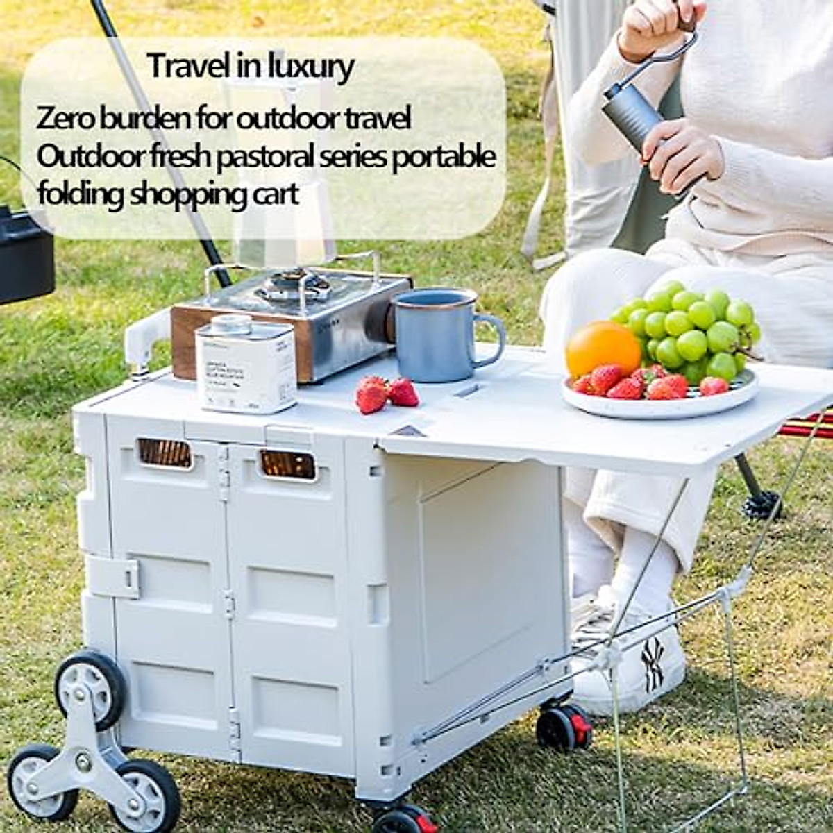 RINGGLO Collapsible Foldable Wagon Cart Outdoor Utility Wagon with Wheels, with Adjustable Push Pulling Handles,Big Wheels for Shopping, Picnic, Camping,Beige