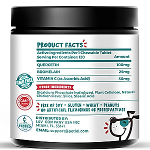 PET LOL Quercetin for Dogs with Bromelain and Vitamin C | 3-in-1 Supplement for Dog Allergies, Immune Support, Itch Relief, Promote Inflammatory Relief & Antioxidant Activity | 120 Chewable Tablets