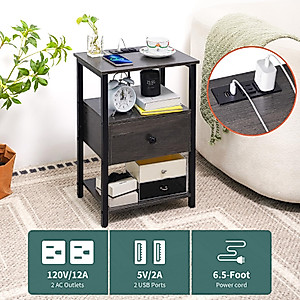 Yoobure Nightstands Set of 2, Night Stand with Charging Station Night Stand with USB Ports, Night Stands with Wood Drawer and Storage Shelf Bedside Table for Bedroom Small Spaces Grey