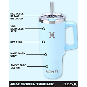 Hurley Tumbler Thermos - 40oz Double Wall Vacuum Insulated Travel Mug with Handle - BPA Free Stainless Steel Water Bottle - Leak Proof Hot and Cold Coffee Car Cup, Size 40 Ounces
