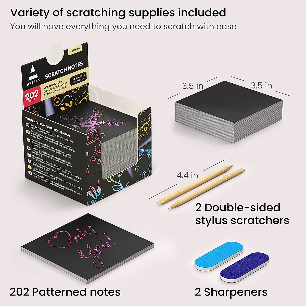 ARTEZA Scratch Paper, Set of 202 Notes, 3.5 x 3.5 Inches, 200 Holographic and 2 Gold-Foil Star Backgrounds