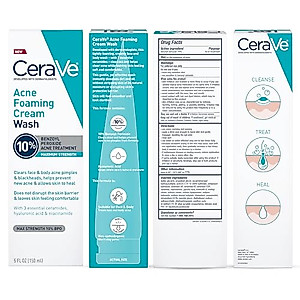 CeraVe Acne Foaming Cream Wash, Gentle Face and Body Cleanser with Benzoyl Peroxide 10%, Hyaluronic Acid, and Niacinamide, 10% Benzoyl Peroxide Treatment Clears Pimples and Blackheads 5 Oz