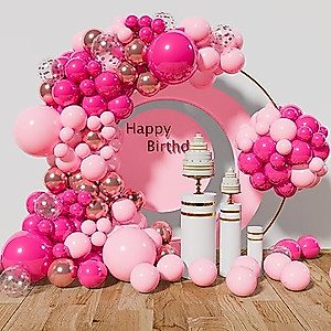 KAWKALSH 142Pcs Pink Balloon Garland Arch Kit, Hot Pink Rose Gold Metallic Confetti Balloons for Women Birthday Princess Theme Bridal Baby Shower Wedding Party Background Decorations