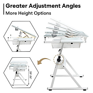 Miscoos Adjustable White Tempered Glass Drafting Table with Chair, 39.76" x 23.60" | Steel Frame, Anti-Slip Feet, Storage & Pen Holder