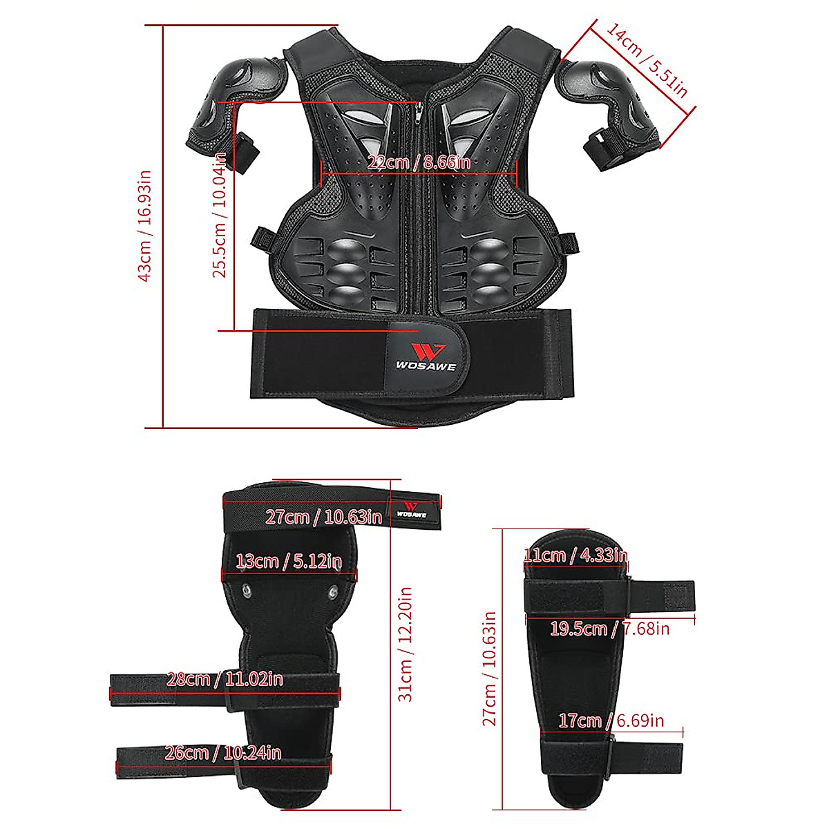 WOSAWE Kids Dirt Bike Chest Protector Skating Knee Elbow Pads Youth ATV Spine Protective Gear Kit, Red