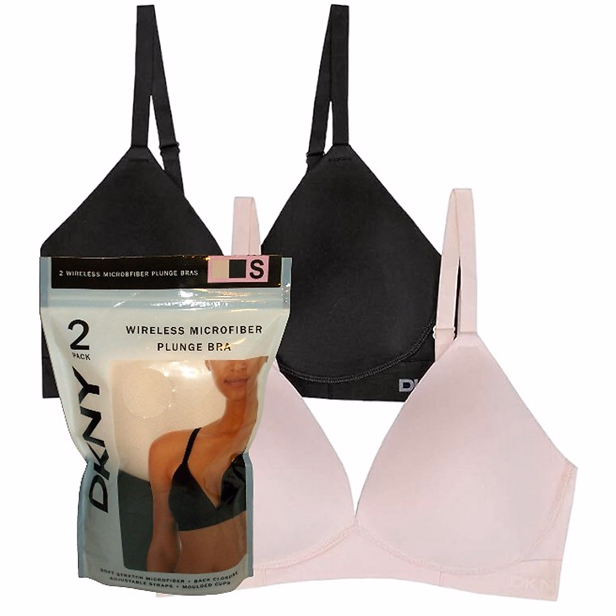 DKNY Ladies 2 Pack Wireless Microfiber Plunge Bra (as1, Alpha, s, Regular, Regular, Standard, Black/Ballerina, S)