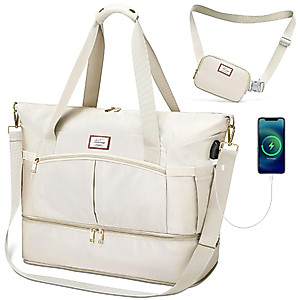 Travel Bags for Women, Sports Gym Duffle Bag with Foldable Shoe Compartment, Large Weekender Overnight Bag with Wet Pocket and USB Charging Port for Women Traveling, Gym Tote, Yoga (Beige)