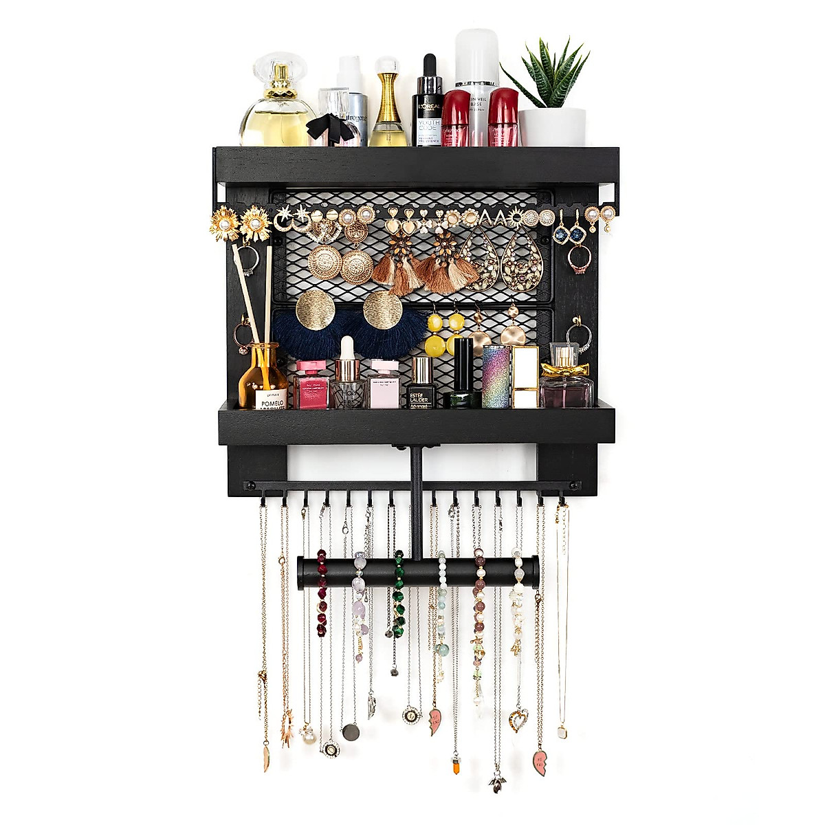 Pinzoveco Hanging Jewelry Organizer Wall Mounted With Wall Jewelry Organizer Holder For Necklaces Bracelet Earrings Ring (Black)