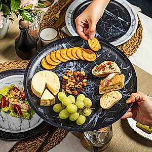 BZYOO 13 inch Melamine Plastic Marble Round Platter Food Serving Tray Durable Dishwasher Safe Indoor and Outdoor Dining Party Cocktails (Set of 2, Black & White)