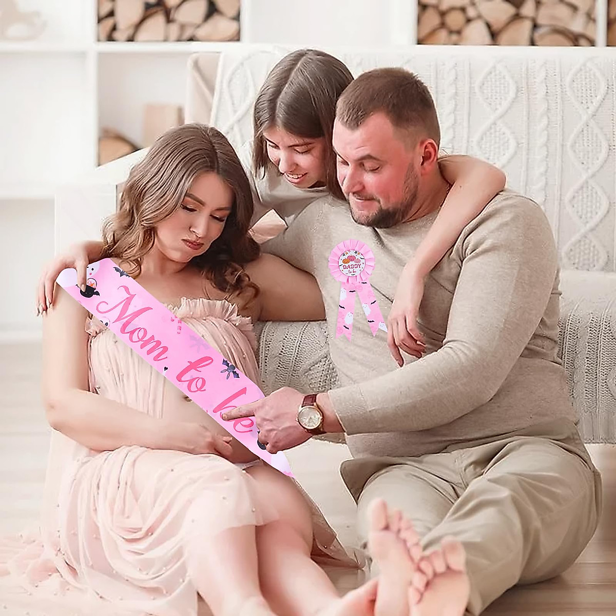 JOYMEMO Pink Halloween Baby Shower Decorations, Mom to Be & Dad to Be Badge, Mom to Be Sash for Daddy and Mommy Halloween Baby Shower Party Favors, Gender Reveal Party Supplies