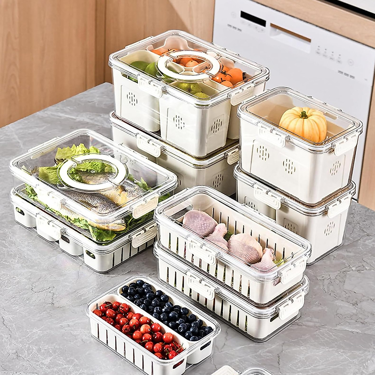 Airtight Fruit Storage Containers for Fridge with Lids, Food Storage Containers with Handle & 4 Removable Colanders, Refrigerator Organizers and Storage for Fresh Fruits, Vegetable Fresh Keeper