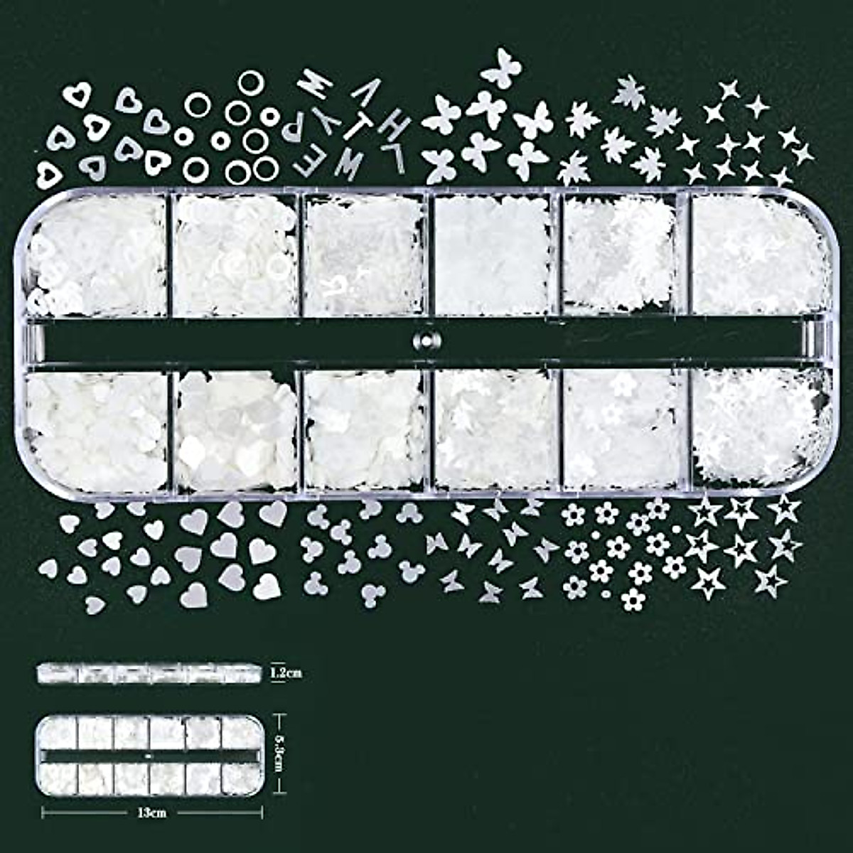 12 Grids White Nail Art Glitter Sequins 3D Holographic Heart,Star, Letter,Butterfly,Glitter Sequins Confetti Nail Decals Decorations for Women Girls Eye Face DIY Sequins for Crafts Supplies Set