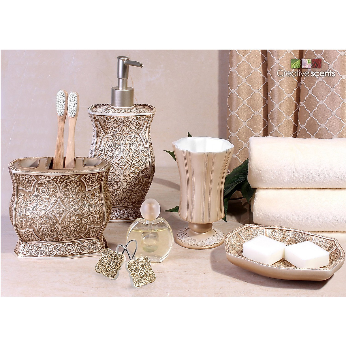 Creative Scents Shower Curtain Hooks Set of 12 Shower Set Rings 100% Rust Free -for Bathroom Shower Curtain Rod Victoria Collection (Beige)