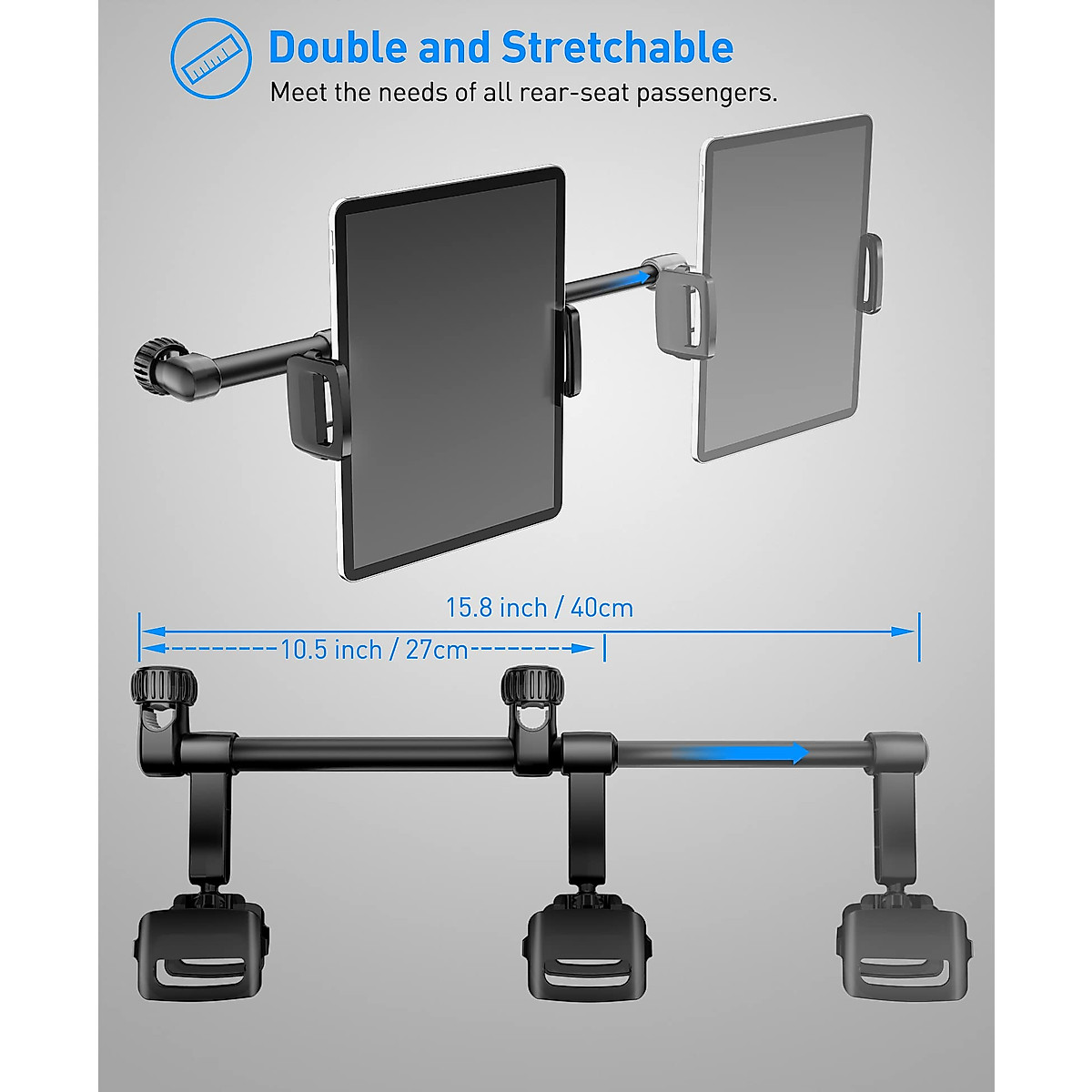 Car Headrest Tablet Mount Holder: Double Cradles Backseat Stand with Extension Arm for Kids Compatible Phone | iPad Pro Air Mini | Galaxy Tabs | Kindle Fire HD | Switch Lite & Other 4.7-12.9" Device