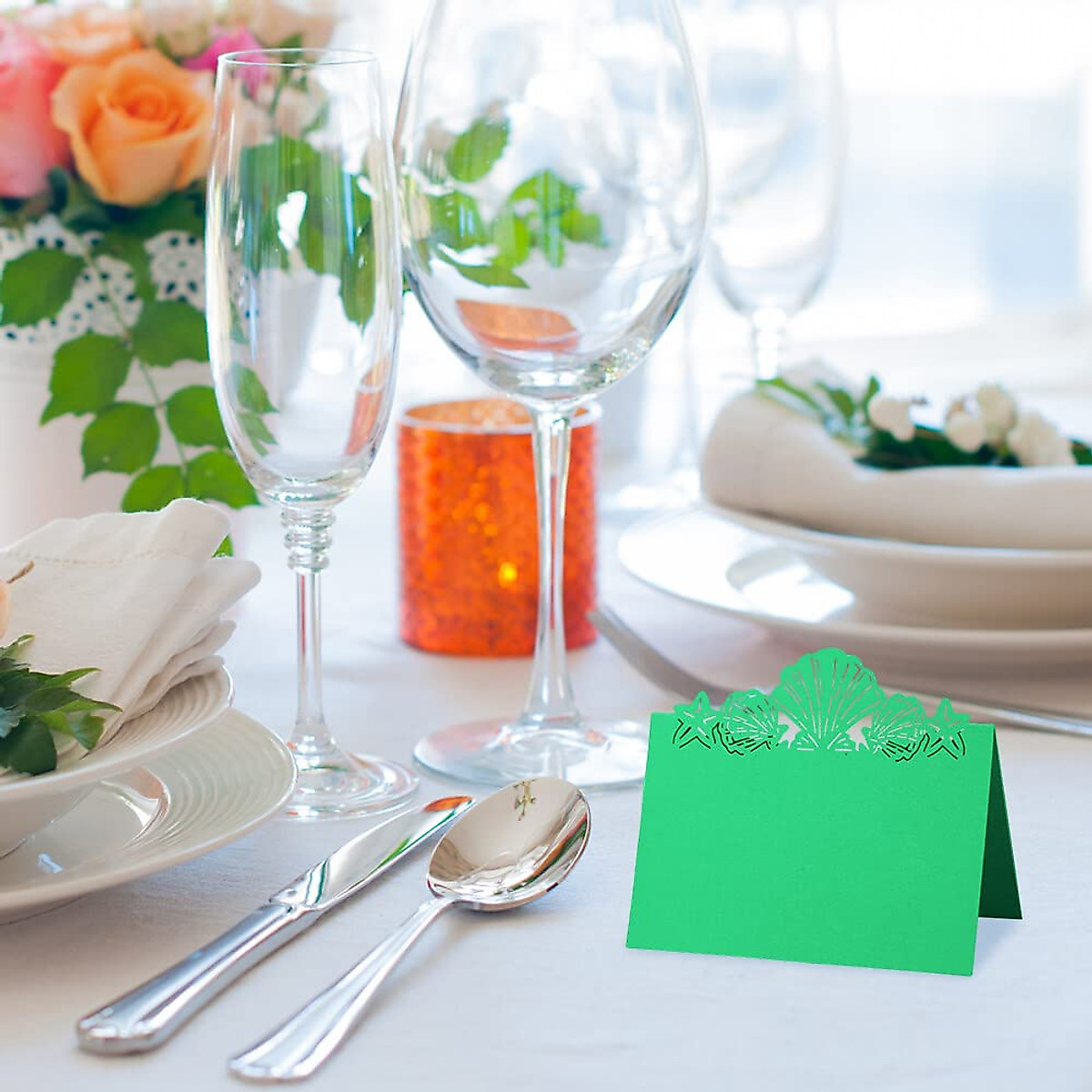 Pack of 50 Beach Themed Wedding Place Card Seashell Table Numbers Name Place Card Laser Cut Hollow Shells Setting Seat Card Placecard for Banquets Dinner Party (White)