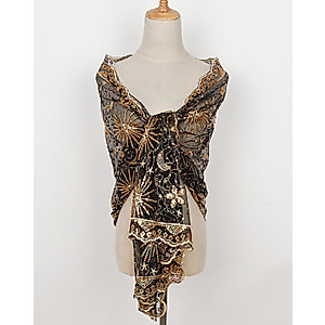 L'VOW Women's Glittering 1920s Scarf Mesh Sequin Wedding Cape Fringed Evening Shawl Wrap(S4-Black&Gold)