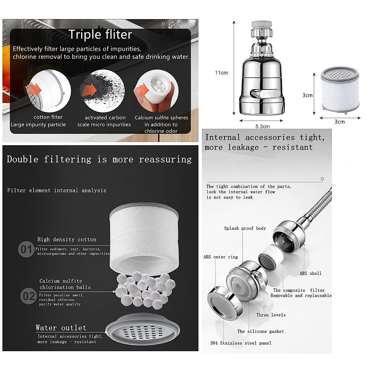 3Modes High Pressure Luxury Filtered Kitchen Water Faucet Aerator Home Pressure Water Diffuser Bubbler Water Saving Filter Shower Head Nozzle Tap Connector