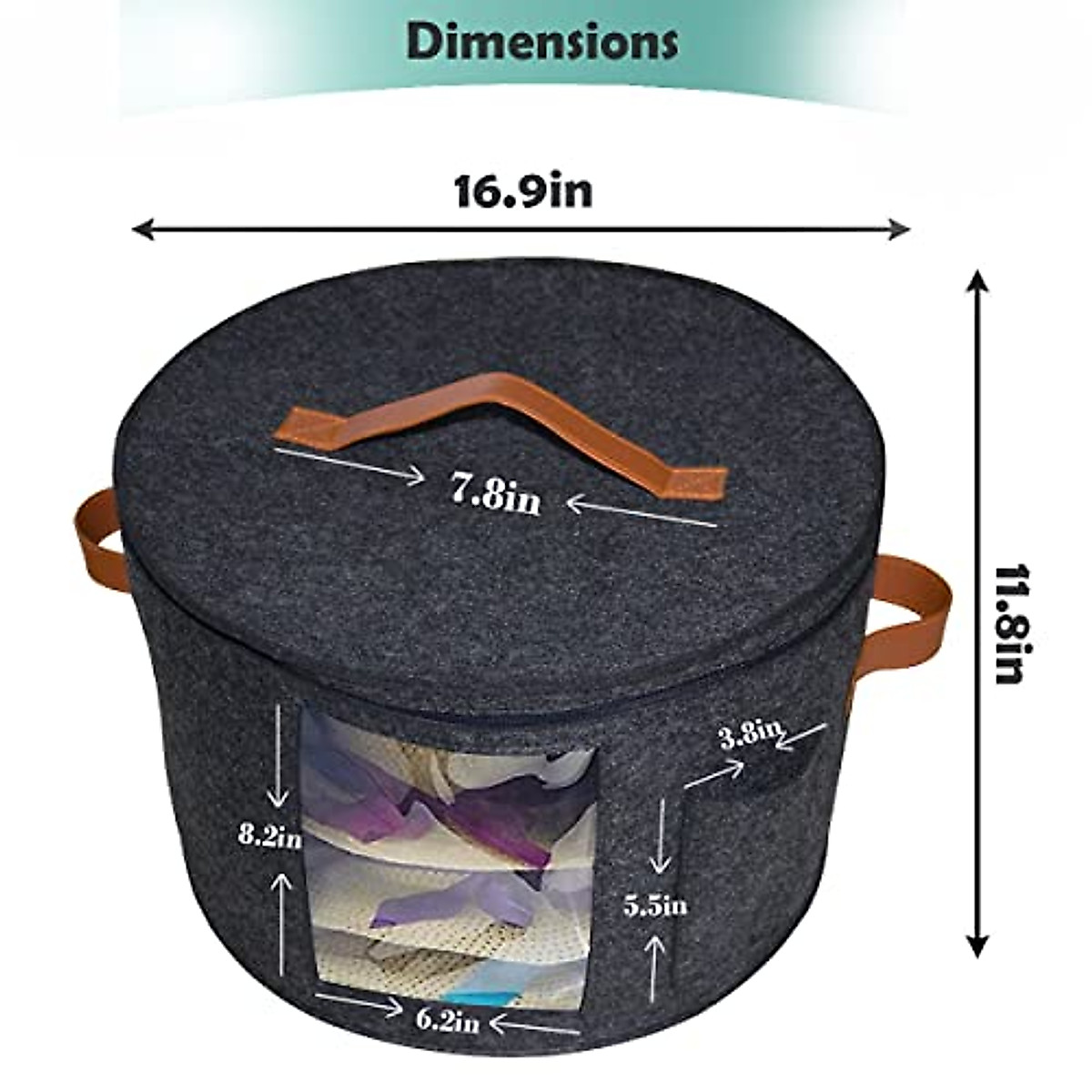 Hat Storage Box for Women and Men, 17"D Large Hat Box with Dustproof Lid & Clear Window, Felt Round Foldable Hat Box Travel Case Portable Hat Organizer Container, Stuffed Animal Toy Storage -Dark Grey
