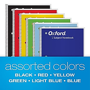 Oxford Spiral Notebook 6 Pack, 1 Subject, Wide Ruled Paper, 8 x 10-1/2 Inch, Blue, Yellow, Red, Light Blue, Green and Black, 70 Sheets (65010)