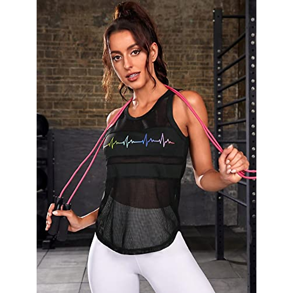 SOLY HUX Women's Mesh Graphic Sports Tank Top Sleeveless Curved Hem Workout Gym Yoga Tops Plain Black S