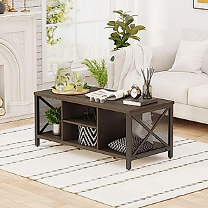 FATORRI Rustic Coffee Table for Living Room, Farmhouse Dark Wood Center Table, Industrial Rectangle Cocktail Tea Tables (Walnut Brown)