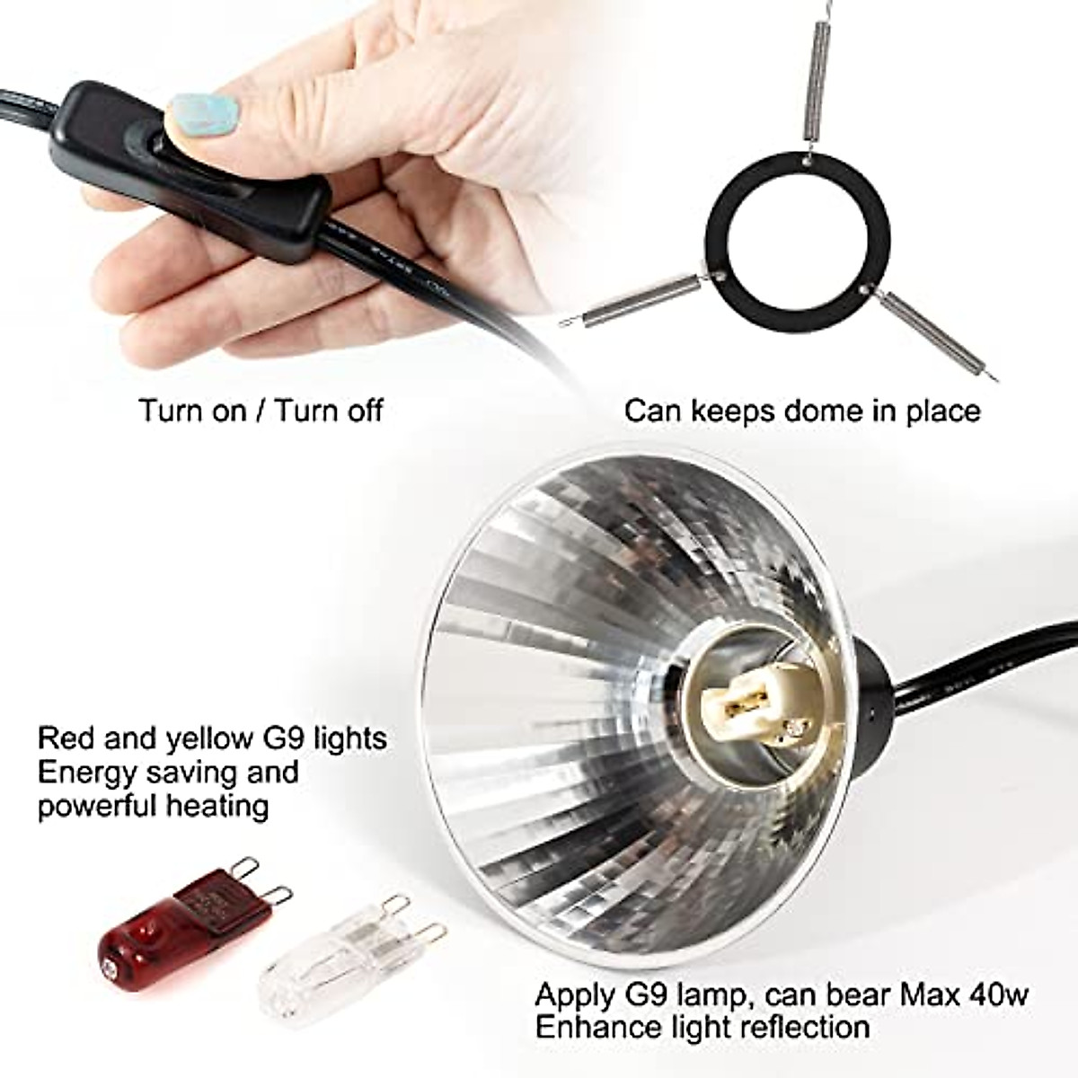 Protover Reptile Lamp Fixture 4 Inches Cap Lamp Fixure, Wider Irradation Range with Hanging Hook & Spring Clip, Halogen Mini Dome Lamp for Reptiles Terrarium and Aquarium