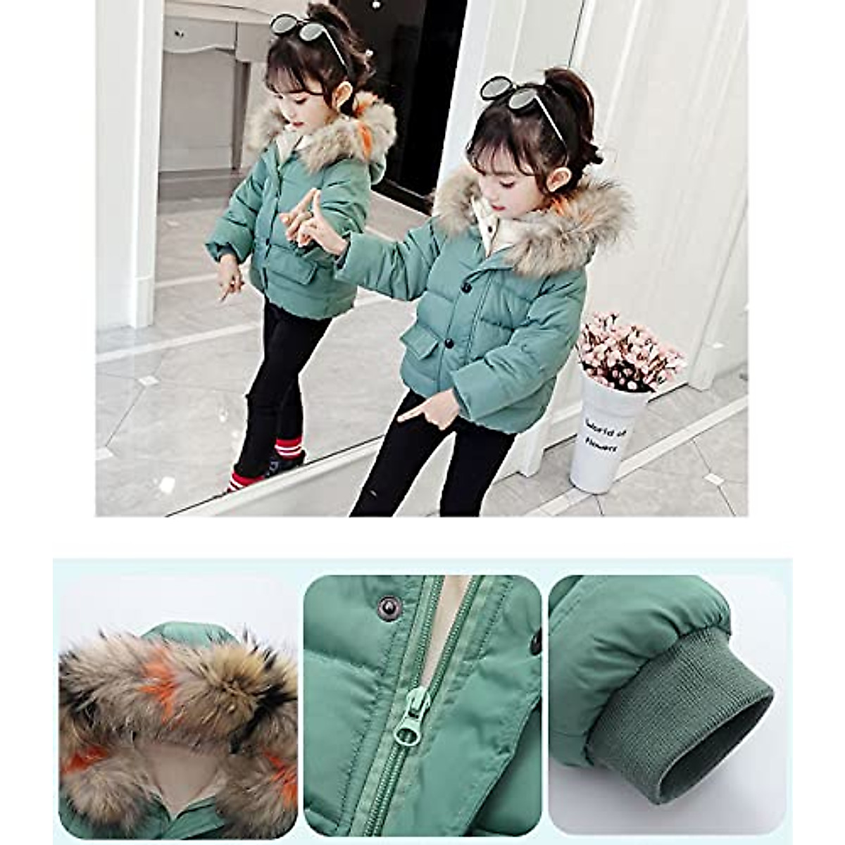FunnyPaja Baby Toddler Boys Girls Winter Warm Coats Hooded Windproof Jacket Snowsuit Outerwear Fur Hoodies Light Green 12-18 Months
