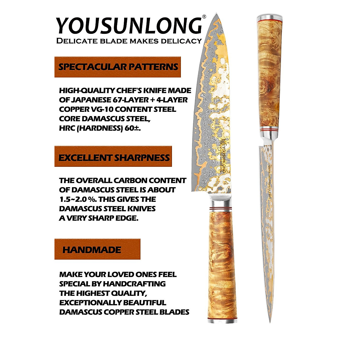 YOUSUNLONG Chef Knife - 8'' Blade Japanese Handmade Copper Damascus Steel - Professional Chef's Knife - Razor Sharp Slicing Knife - Naturel Burl Wooden Handle with Leather and Acacia Wood Box