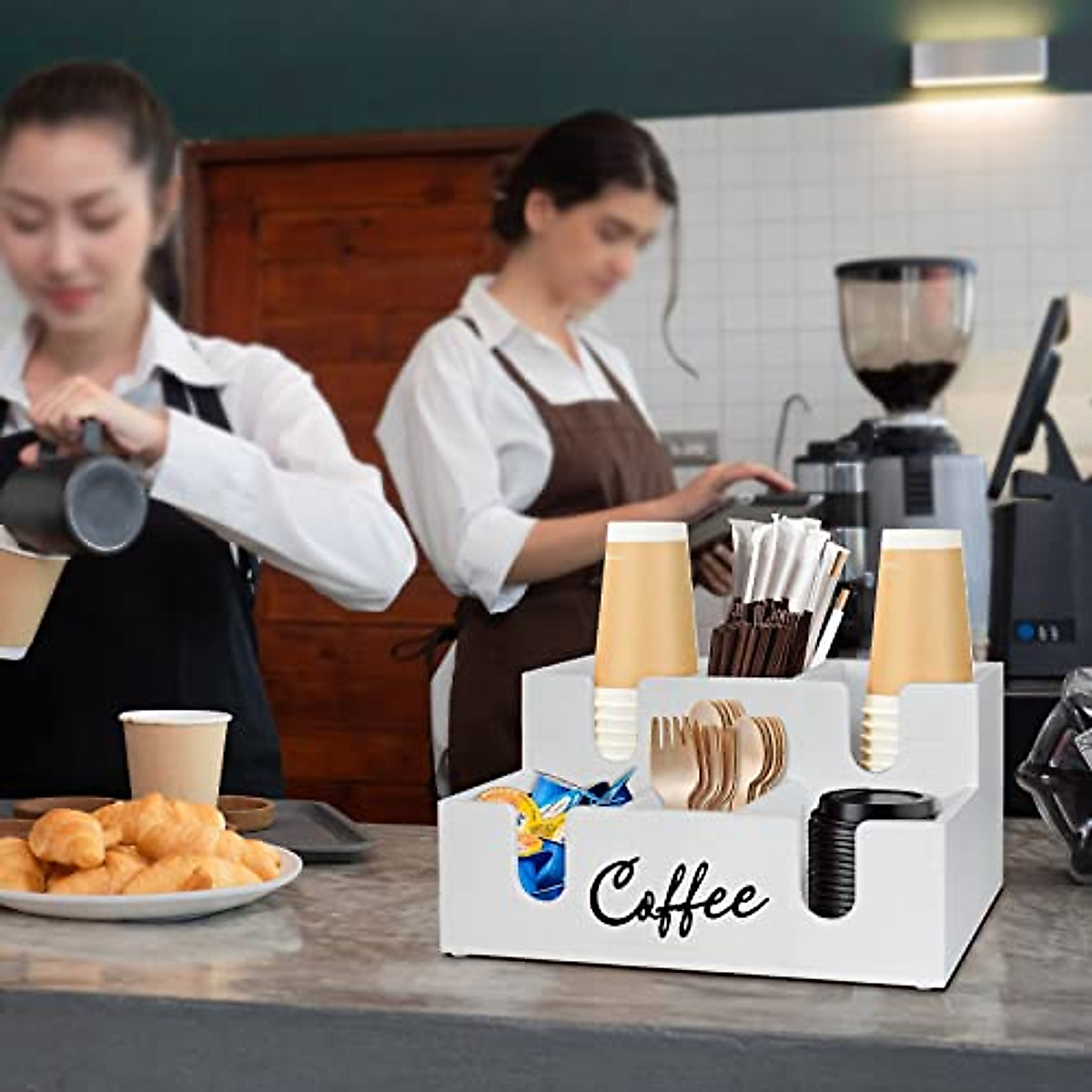 Disposable Coffee Cup Dispenser Lid Holder for Counter, Wood 6 Compartments Coffee Station Organizer for Cup Lid Sleeve Pods Condiment, Paper Cup Dispenser Coffee Bar Accessories Storage Organizer