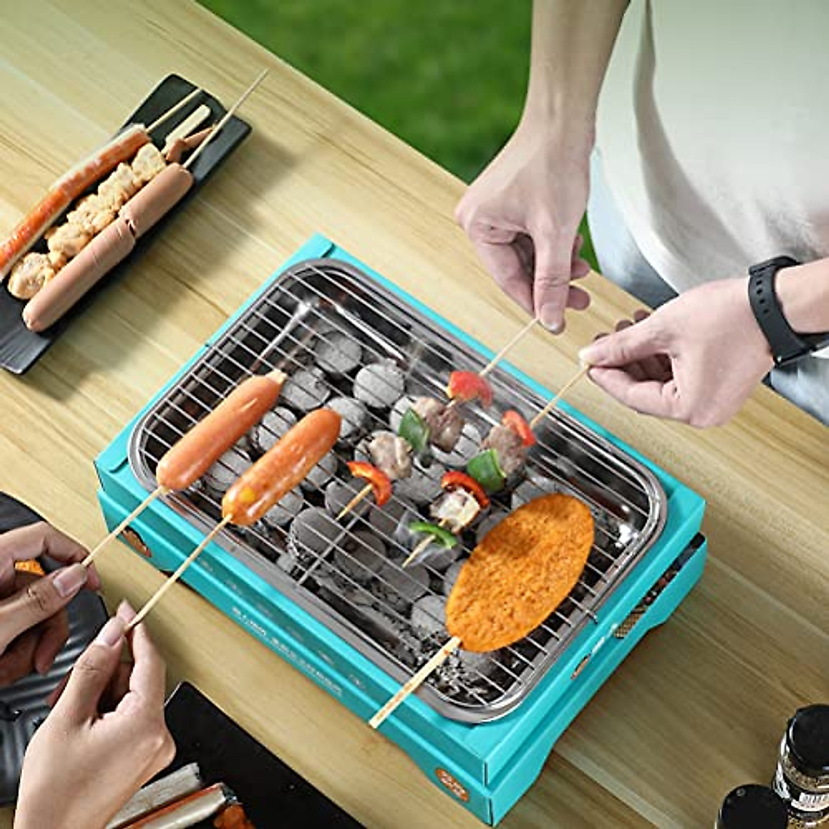 WZCSLM Portable Mini BBQ Charcoal Grill, Disposable BBQ Portable Charcoal Grill for Camping Outdoor BBQ Camping Picnic with, BBQ Clips, 60 Pieces of Charcoal About 120 Minutes. (blue)