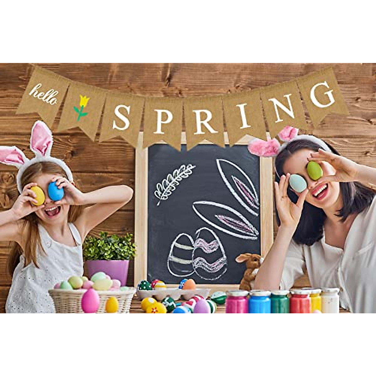 Hello Spring Banner Burlap Decorations, Happy Spring Banner Garland with Flower for Mantle Fireplace Supplies Spring Bunting Garland Banner Decoration for Home Spring Themed Party Decor