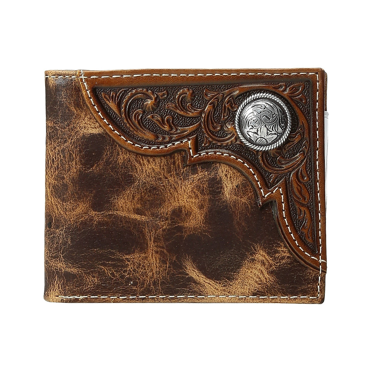 Ariat Men's Leather Distressed Corner Over Circle Bi-fold Wallet, Compact, tan, One Size