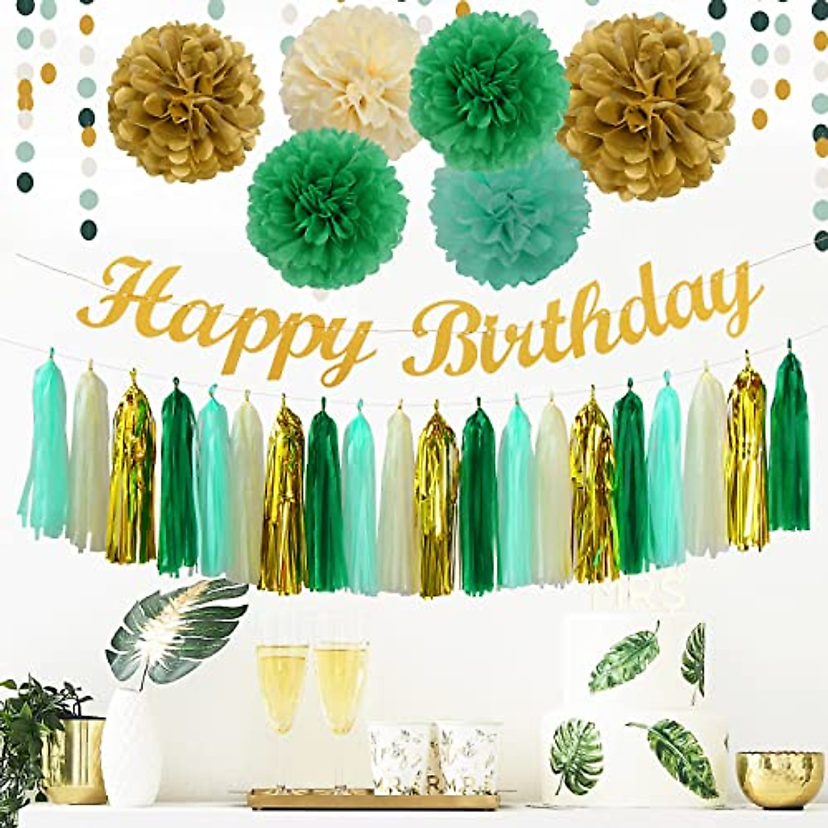 Sage-Green Beige-Gold Birthday Decorations - 31pcs Party Kits Happy Birthday Banner Flags,Tissue Paper Pom Poms,Tassel Streamers Garland Decor for 13th 18th 21th Princess Girl Woman Panduola