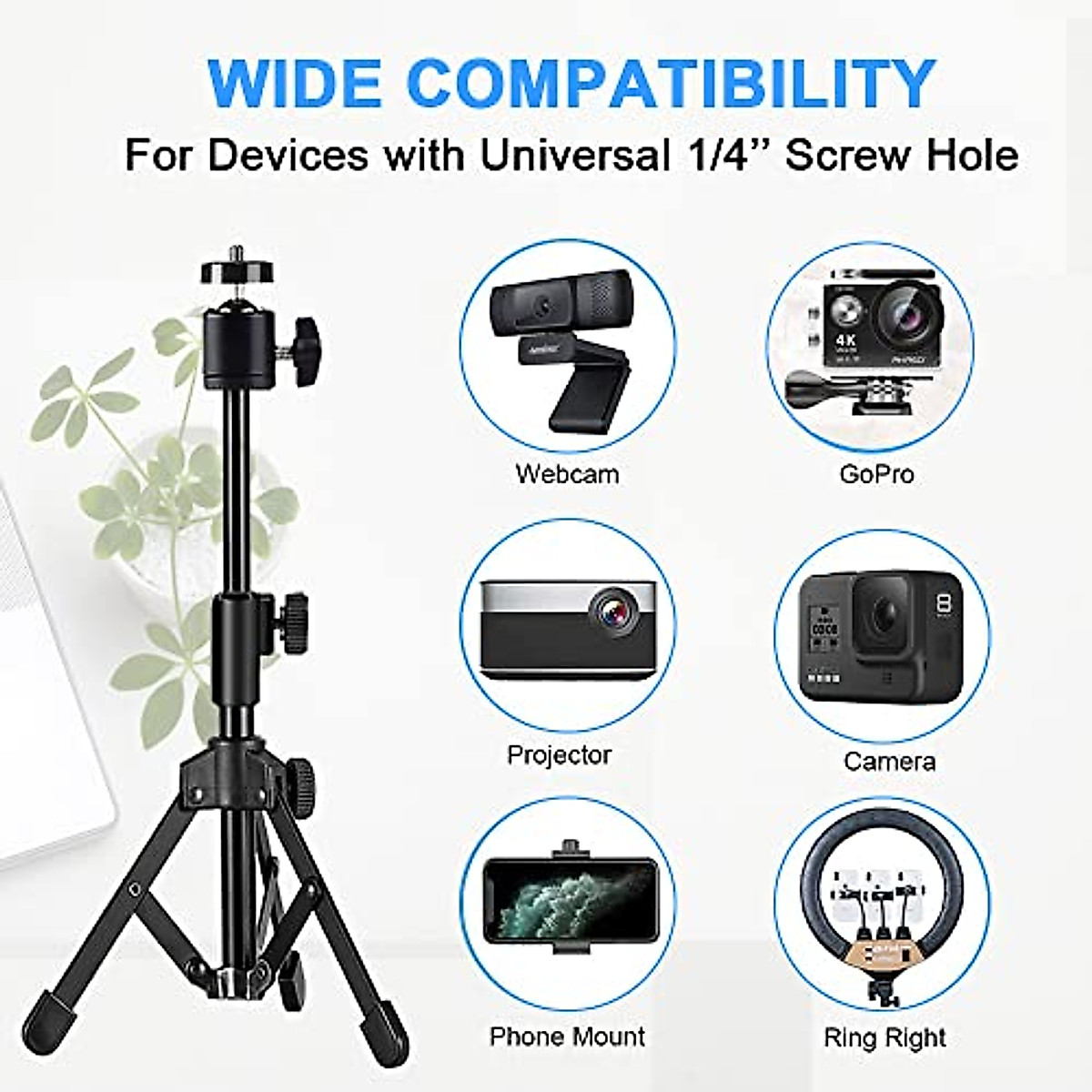 Webcam Tripod Stand Extendable Desktops Tripod for Camera/Phone/Webcam, Desk Tripod Mount Holder Compatible with Logitech Stream Webcam C925e C922x C922 C930e C930 C920 C615 /Camera/iPhone/Ring Light