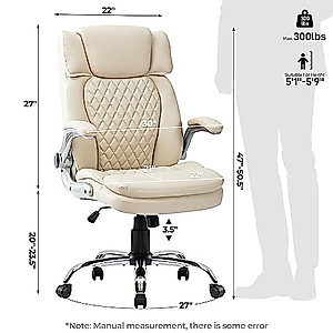 HOMYEDAMIC High Back Office Chair with Adjustable Arms, PU Leather Computer Executive Chairs Big Tall Swivel Ergonomic Adjustable Tilt Angle, Wide Thick Seat, Design for Back Pain(Beige)