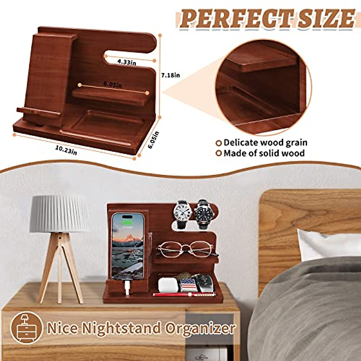 Gifts for Men Wood Phone Docking Station Gifts for him Husband Nightstand Organizer Cell Phone Stand Watch Holder Wallet Station Desk Organizers Gifts for Dad Birthday Gifts for Men