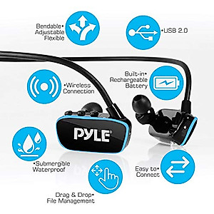 Pyle Upgraded Waterproof MP3 Player - V2 Flextreme Sports Wearable Headset Music Player 8GB Underwater Swimming Jogging Gym Earphones Rechargeable Flexible Headphones USB Connection9 -PSWP14BK