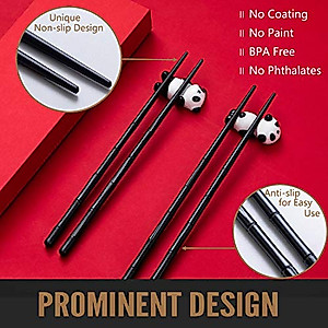 HauSun 2 Pairs Chopsticks and Chopstick Rest Gift Set- Dishwasher Safe Reusable Fiber Glass Chopsticks + Porcelain Cute Panda Chopstick Holder, Non-slip Chinese Japanese Style Chopsticks Set, Black