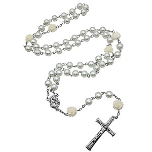 Nazareth Store White Pearl Beads Rosary Roses Mystery Beads Prayer Necklace Our Rose Lourdes Medal and Cross Crucifix