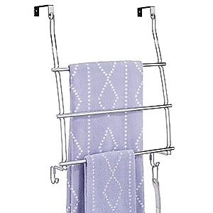 mDesign Adjustable Metal Over Door Towel Rack Holder for Shower and Bath, 3 Tier Rod Hanger with 2 Hooks for Bathroom - Hang Towel, Blanket, Washcloths, Loofahs, Sponges on Back of Door - Chrome