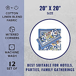 Cloth Napkins Set of 12 Cotton Linen Blend Printed Dinner Napkins Perfect for Parties Dinners Weddings Cocktail Christmas Napkins Cloth 20x20 Blue Floral