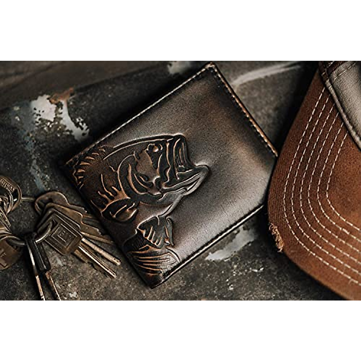 HoJ Co. BASS FISH Bifold Wallet for Men | Extra Capacity Two ID Windows | Full Grain Leather With Hand Burnished Finish | Multi Card Capacity | Outdoor Sportsman Men's Wallet