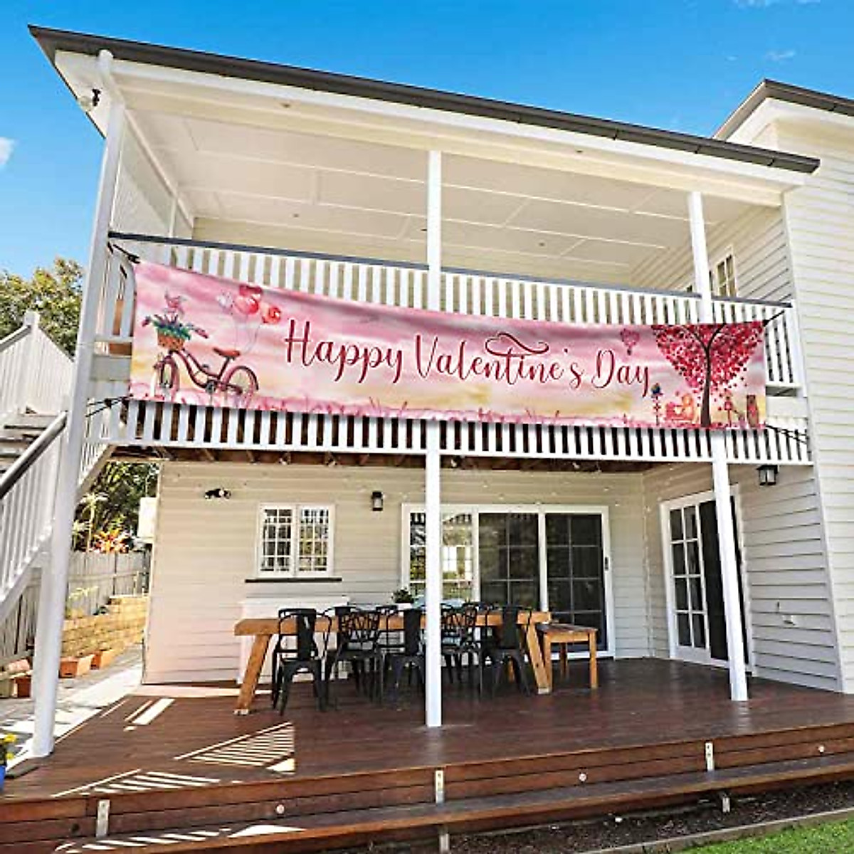 Large Happy Valentines Day Banner Outdoor Decorations 120" x 20" Valentine's Yard Sign Pink Hearts Tree Bicycle Balloons Bears Flowers Birds Holiday Party Supplies Valentine Backdrop Home Decor with Brass Grommets for Garden House Fence Garage Indoor Gift