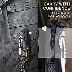 Spring Assisted Pocket Knife - Survival Military Foldable Knife - Best Outdoor Camping Hunting Bushcraft EDC Folding Knife - Tactical Paracord Stainless Steel Pocket Knives w/Clip for Men 25443