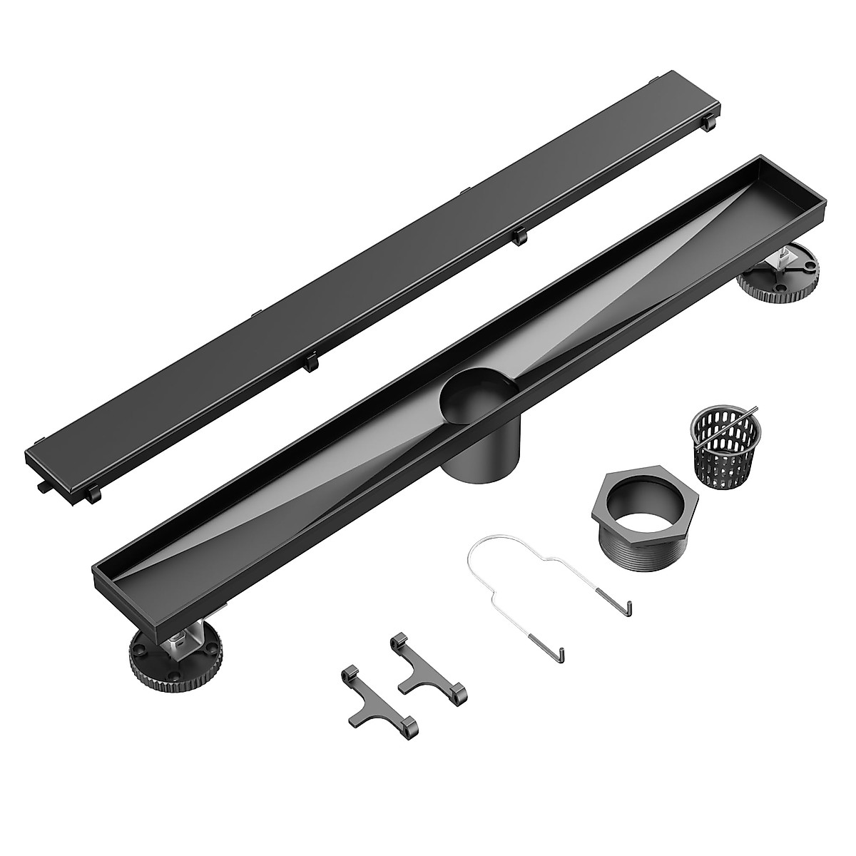 Neodrain 24-Inch Linear Shower Drain,with 2-in-1 Flat & Tile Insert Shiny Black Cover, Rectangle Shower Floor Drain, Floor Shower Drain with Adjustable Leveling Feet, Hair Strainer