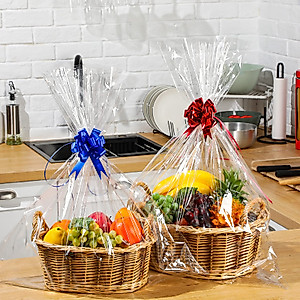 Maitys 2 Sets Basket for Gifts Empty Bulk Woven Wicker Empty Gift Baskets with Handles Clear Gift Bags Kraft Cards Pull Bows Gift Basket Kit Supplies to Fill for Wedding Birthday Party Gift Wrapping