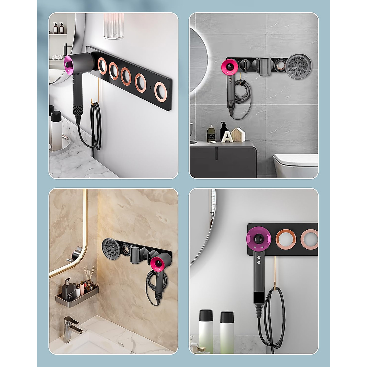 Magnetic Wall Mount Hair Dryer Holder for Dyson Supersonic with 5 Magnetic Rings for The Attachments, Premium Blow Dryer Holder Wall Mounted, Ultimate Convenience (Model A - Black)