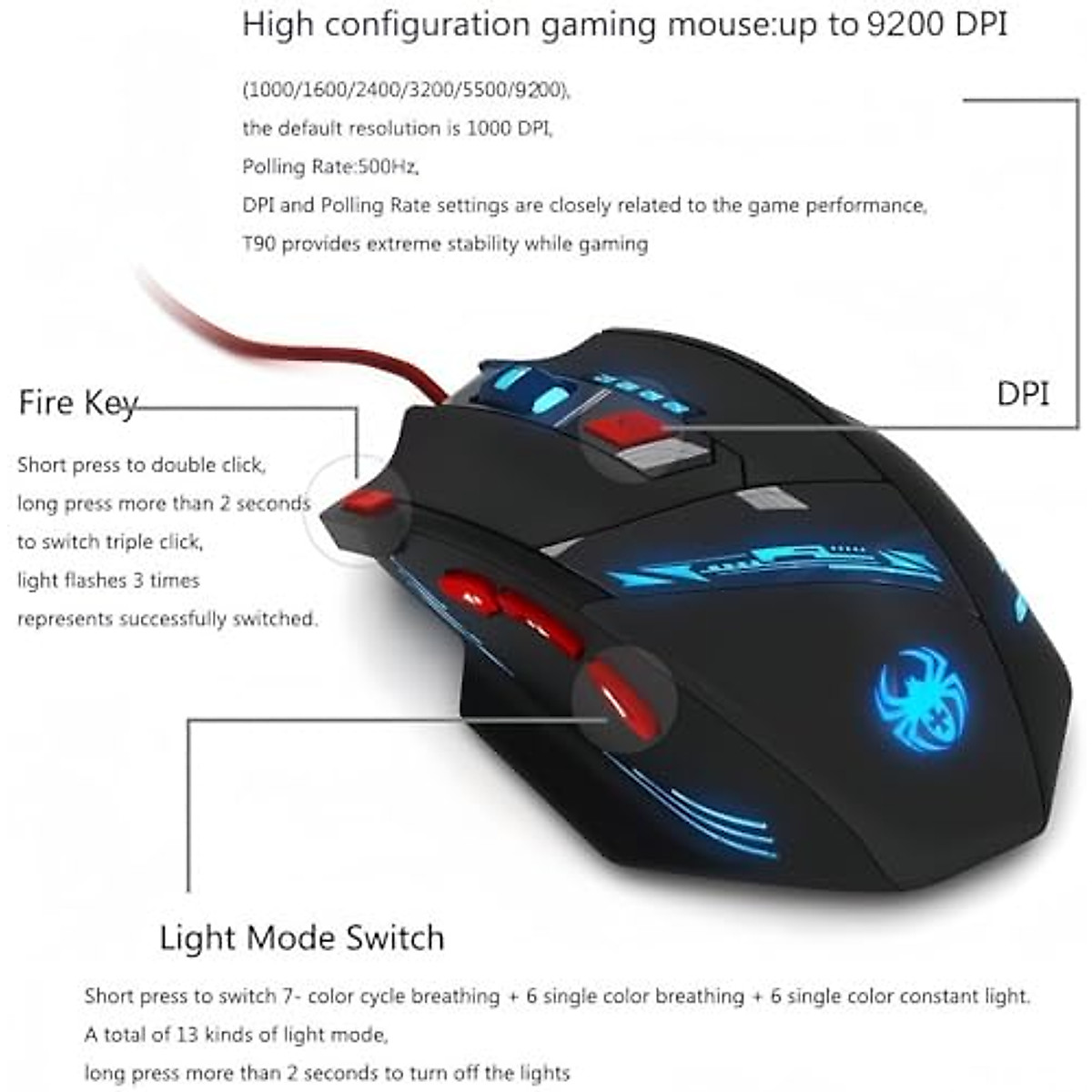 zelotes T90 Gaming Mouse 9200 DPI, 8 Programmable Buttons Multi-Modes LED Lights USB Gaming Mice, Weight Tuning for Laptop, Desktop, PC,- Black