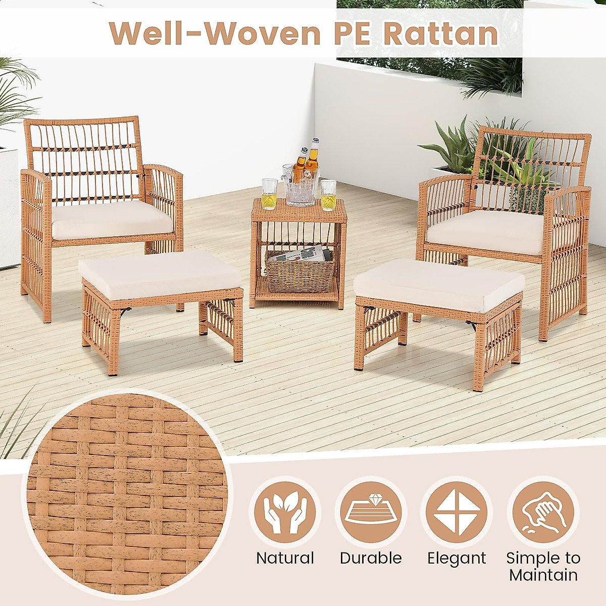 Tangkula 5 Piece Patio Wicker Sofa Set, Outdoor Rattan Conversation Set with Seat Cushions, 2-Tier Coffee Table & 2 Ottomans, Wicker Sofa Set for Backyard, Poolside (Natural)