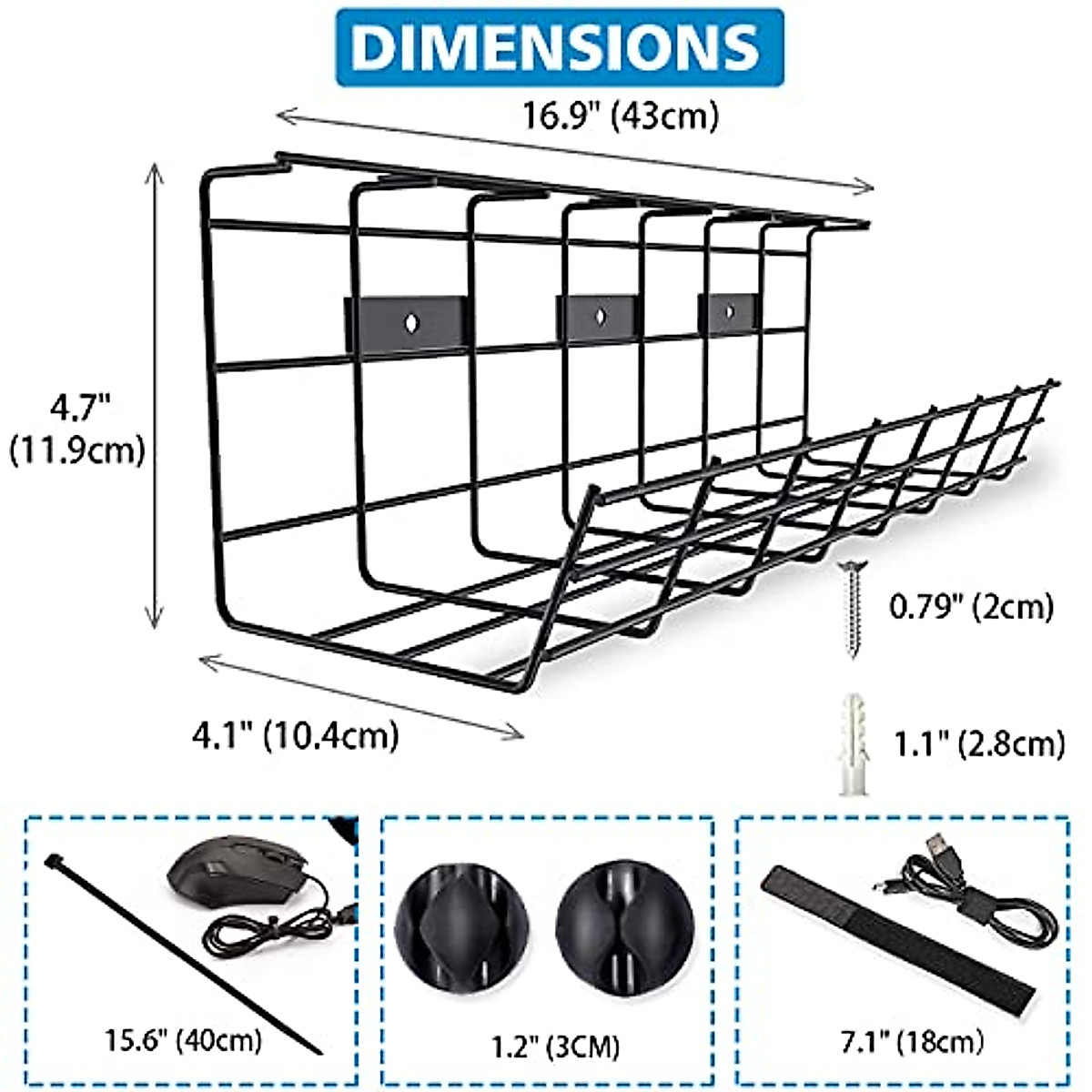 oosofitt Under Desk Cable Management Tray 2 Pack, Cable Management for Wire/Cord/Power Strip, Metal Cable Management Basket with 15lb Bearing, Cord Management Organizer Kit for Home/Office